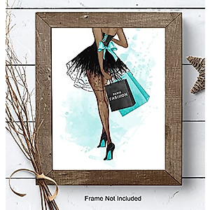 Light Blue Fashion Designer Wall Art - Black Woman, African American Women, Teens, Girls Bedroom - High Fashion Design Wall Decor - Glam Gifts for Latina, African American Woman - Black Culture