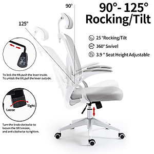 Office Chair, High Back Ergonomic Desk Chair, Thicken Large Seat, Adjustable Headrest and Lumbar Support, Comfy Computer Chair with Padded Flip-up Armrests, Swivel Task Chair, Tilt Function (Grey)