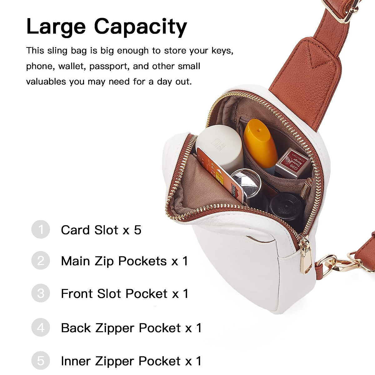 Telena Small Sling Bag for Women Leather Crossbody Fanny Packs Chest Bag for Women Beige Brown