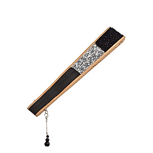 Women Lace Folding Fan Vintage Embroidery Flower Japanese Elegant Wooden Hand Fan for Wedding Party Gift (Black)