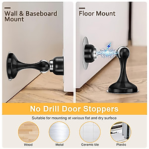 Crosize Magnetic Door Stoppers 2 Pack, Stainless Steel Door Stops for Wall and Floor Mounting, Door Holder Keep Door Open, No Drilling Door Stop with 3D Adhesive Tapes, Black