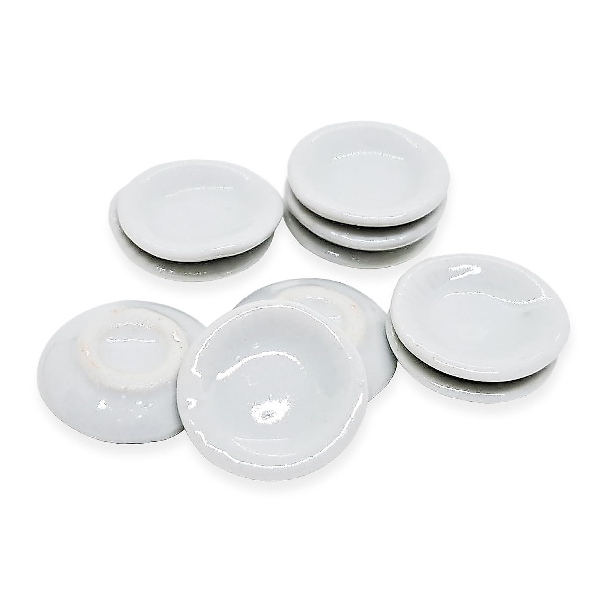 ChangThai Design Very Tiny ⅝ Inch Diameter White Round Ceramic Plate 10 Pieces Set - Miniature Tableware Tray Bowl Crockery Cutlery Kitchenware Handmade Mini Porcelain Decorative Collectible Gifts