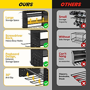 GEEKBEE Power Tool Organizer with Charging Station, Heavy Duty 4 Layer Drill Holder Wall Mount, Power Tool Holder with 8 Outlet Power Strip, Tool Shelf with Hooks, Drill Bit Rack for Garage, Black