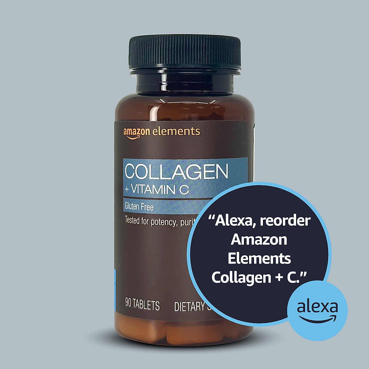 Amazon Elements Collagen Peptides + Vitamin C, 2500 mg Collagen Peptides per Serving, 90 Tablets, 1 Month Supply
