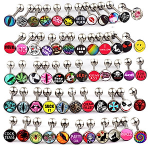 TIANCI FBYJS Lot of Surgical Steel Metal Tongue Rings Barbells Funny Nasty Wordings Picture Logo Signs 14g - Length 5/8" or 16mm (mix logos 40pcs)