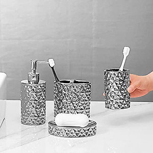 Silver Bathroom Accessory Sets 4 Piece Ceramic Gift Set Apartment Necessities,Includes Soap Dispenser, Toothbrush Holder, Toothbrush Cup, Soap Dish for Decorative Countertop and Housewarming Gift.