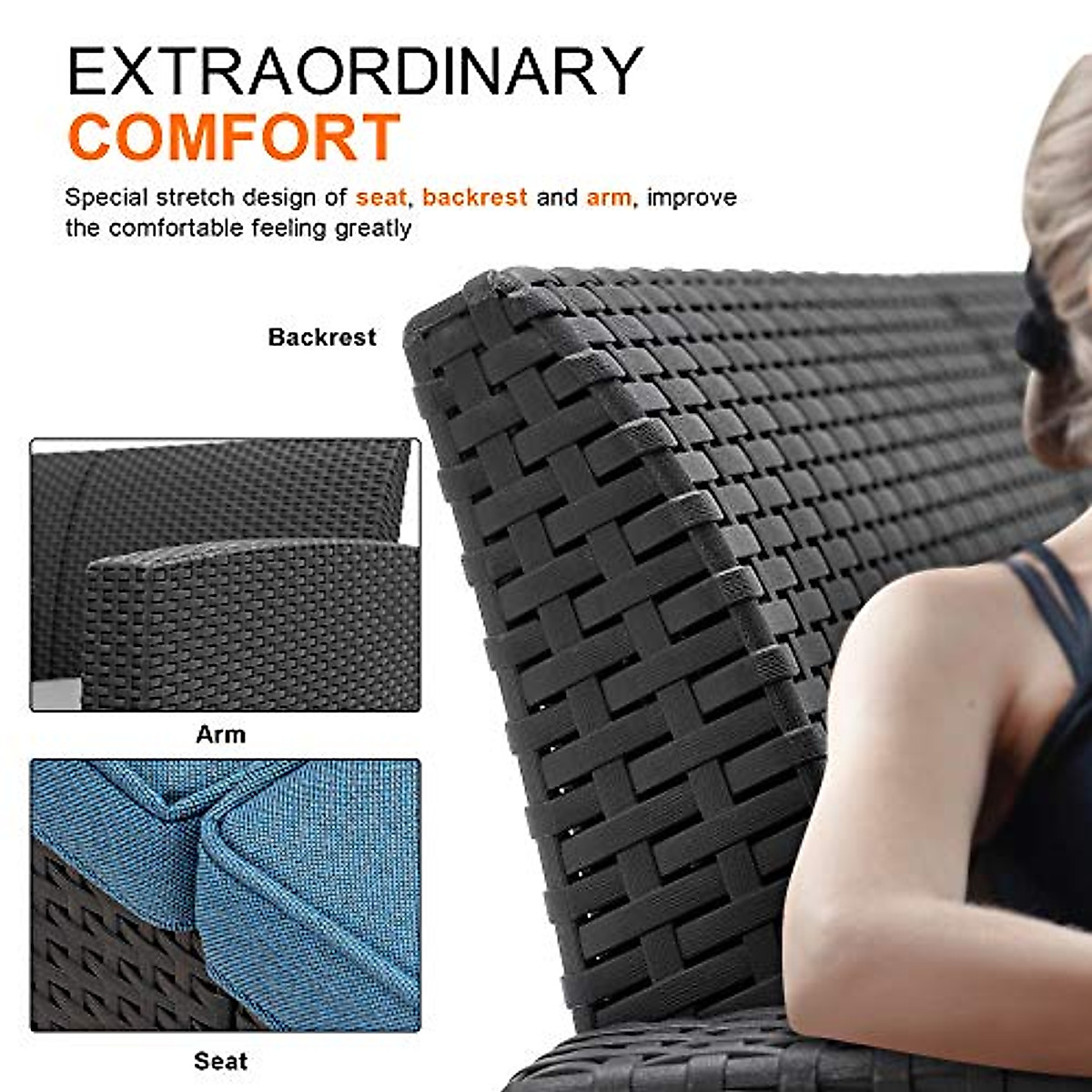 MCombo 7pcs Patio Furniture Set All-Weather Outdoor Sectional Sofa Rattan Pattern Patio Conversation Set w/Seat Cushions 6050-800 (Blue)