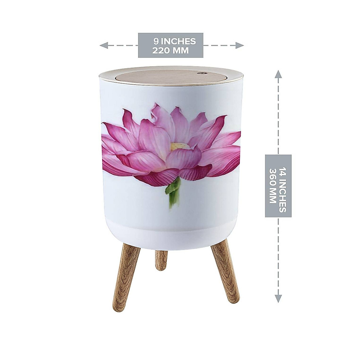 Press Cover Round Trash Bin with Legs Lotus flower in a full bloom watercolor Tender pink water lilly Push Top Trash Can with Lid Dog Proof Garbage Can Wastebasket for living room 7L/1.8 Gallon