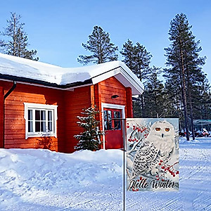Furiaz Hello Winter Owl Red Berries Small Garden Flag, Snow House Yard Lawn Decorative Flag Tree Branches Home Outside Decoration, Christmas Snowflake Farmhouse Burlap Outdoor Decor Double Sided 12x18