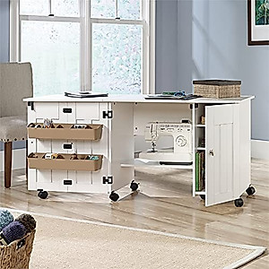 BOWERY HILL Engineered Wood Drop-Leaf Sewing or Craft Table with Melamine Top Surface, Storage Behind Roll-Open Door, Easy-roll Casters in Soft White