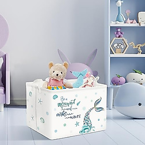 Clastyle Blue Mermaid Storage Basket for Girls Rectangle Starfish Shell Shelf Basket Clothes Books Toy Storage Cube, 36L