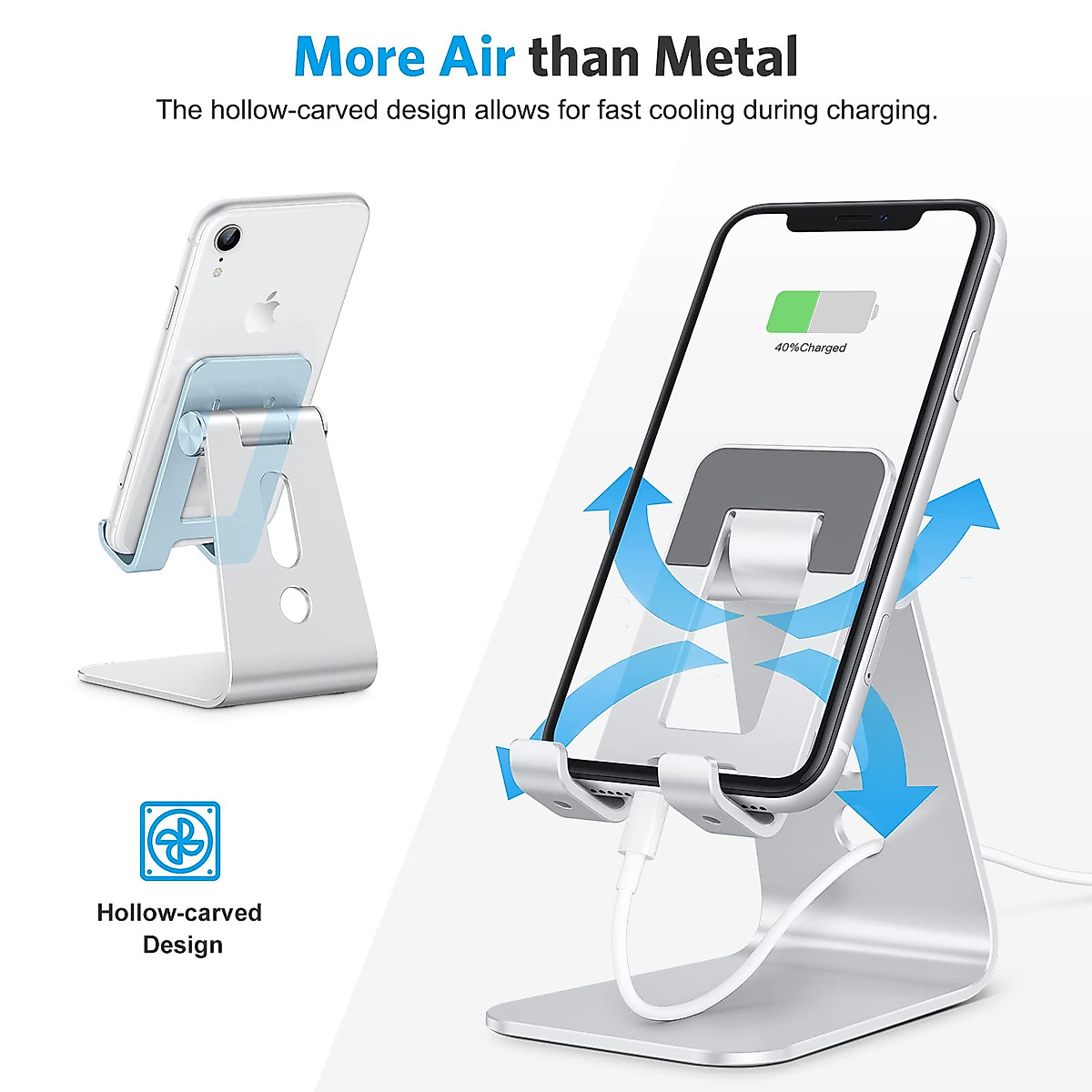 OMOTON C3 Cell Phone Stand for Desk, Larger and Exceptionally Stable, Adjustable Phone Cradle Holder with Bigger Body & Longer Arm, Compatible with iPhone 14, Tablets (7-10") and More, Silver