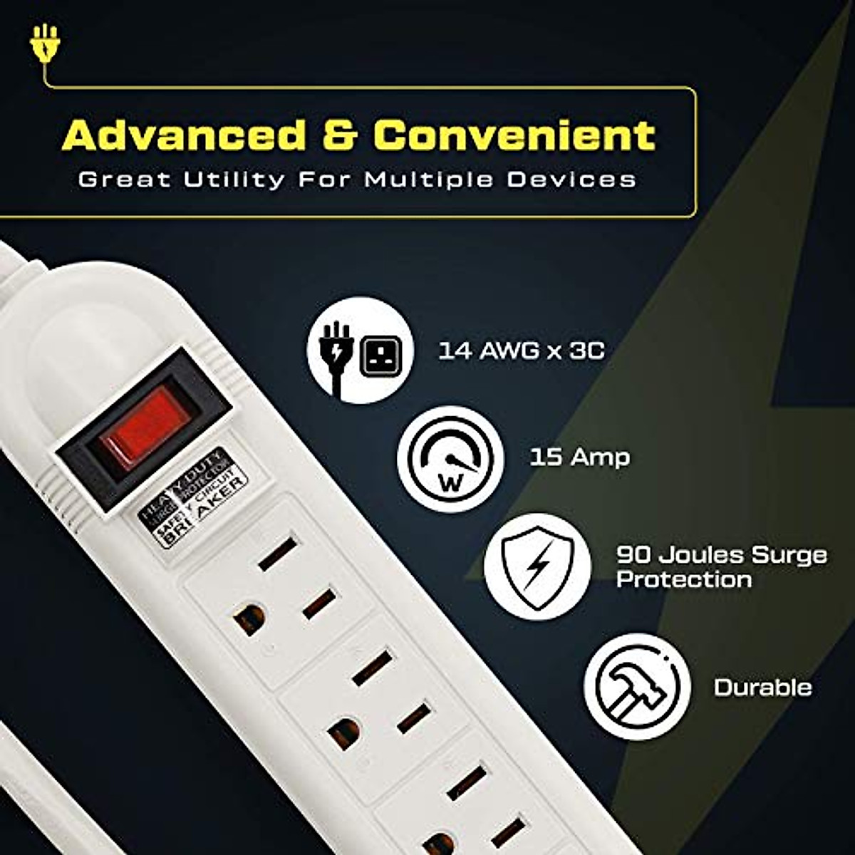 6 Outlet Power Strip T-Type - 90 Joules Surge Protector, 14 AWG x 3C, 15 Amp Shock Proof, 3 Prong, White - by Revpex