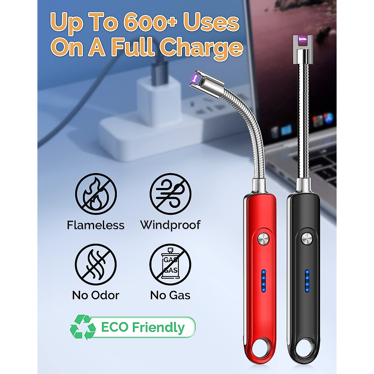 Candle Lighters 2 Pack Windproof Electric Lighters USB Rechargeable 360° Flexible Neck Long Lighter with Safety Lock Flameless Plasma Arc Lighter for Candle Grill Aromatherapy Camping (Black+Red)