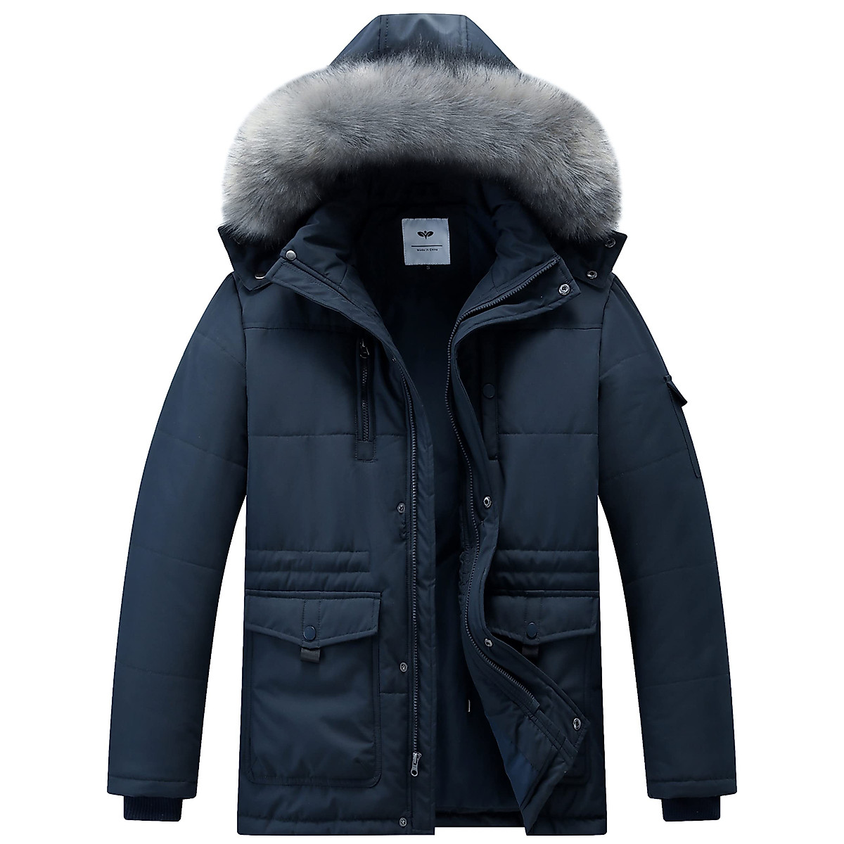 GGleaf Men's Winter Parka Jacket Hooded Thickened Padded Heavyweight Warm Coat with Detachable Fur Hood Navy XL