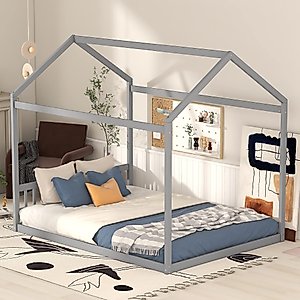 Queen House Beds, Montessori Bed Queen Size Floor Bed with Rails and Roof, Solid Wood Queen Platform Bed Frame with Headboard, for Kids Teens Girls Boys (Queen, Gray)