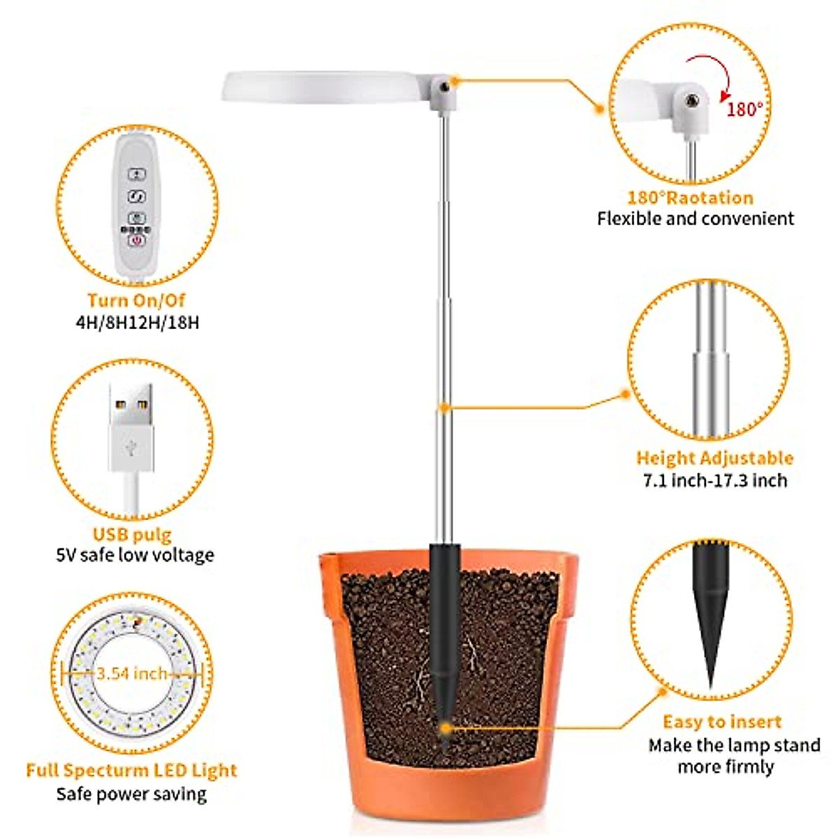 GooingTop LED Grow Light, Halo Plant Lamp for Indoor Plants Growing, White Circle Low Light for Bonsai Succulents Mini Small Plants,Upgrade Timer 4/8/12/18 Hrs (with USB Plug)