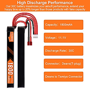 Crazepony Airsoft Battery 11.1V Rechargeable 3S LiPo 1800mAh 30C Nunchuck Split Pack Battery with Deans T Plug to Mini Tamiya Cable for Airsoft Model Guns Rifle