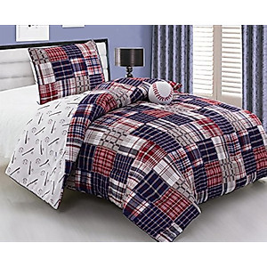 Grand Linen 3 - Piece Kids Twin Size Baseball Sports Theme Comforter Set with Plush Ball Included-Navy Blue, Red, White and Beige Plaid. Boys, Girls, Guest Room and School Dormitory Bedding
