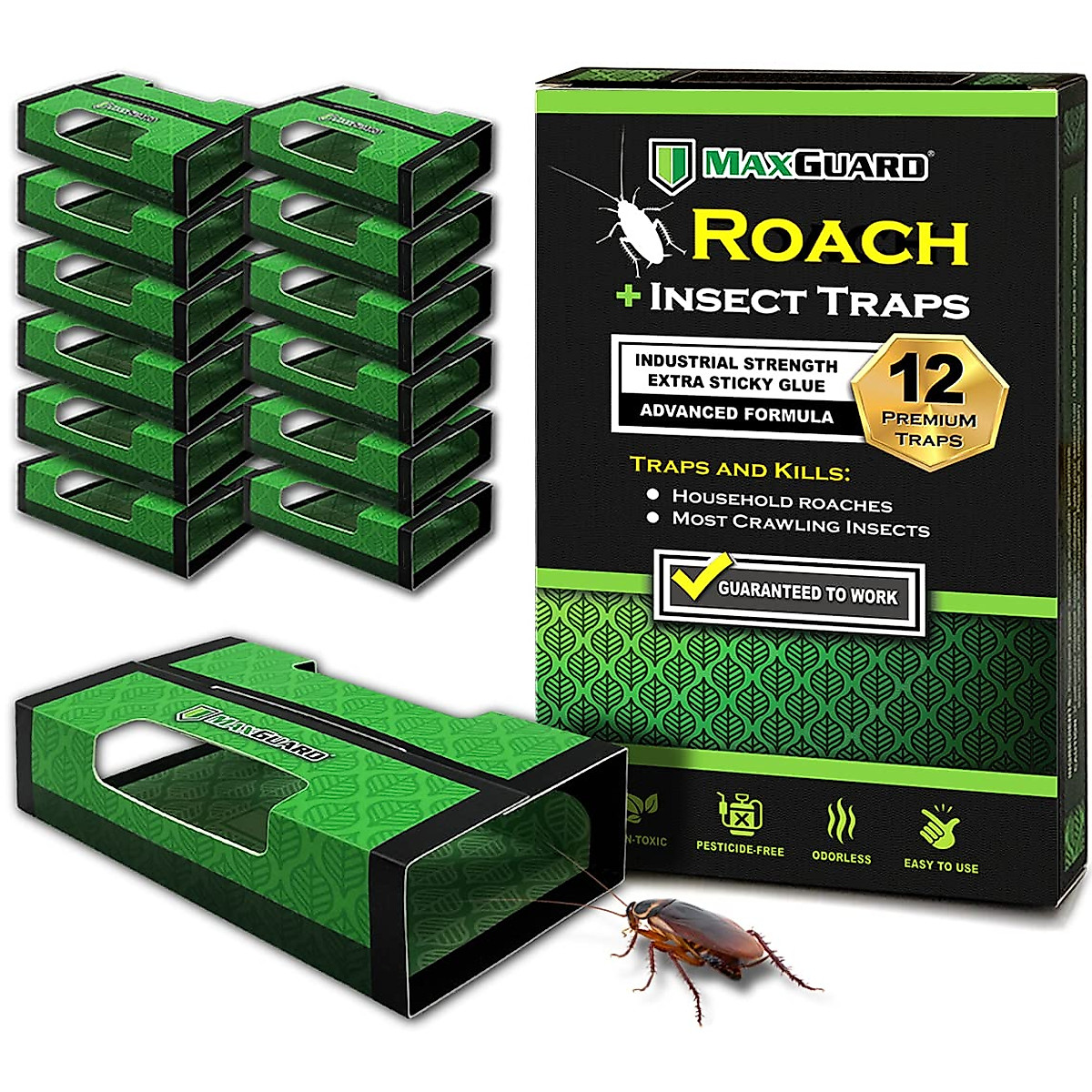 MaxGuard Roach + Spider Traps (12 Box Traps) | Non-Toxic Extra Sticky Box Traps | Trap and Kill German Cockroach, American, and Oriental Roaches Plus Crawling Bugs & Insects House |