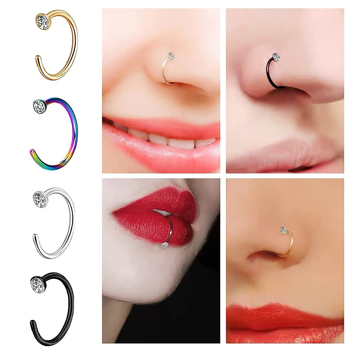 Naomimeier 20PCS Fake Nose Rings, Fake Septum Fake Nose Ring, Clip On Nose Ring, Faux Nose Ring, Fake Nose Piercings, Fake Lip Ear Nose Septum Rings, Stainless Steel Fake Piercings