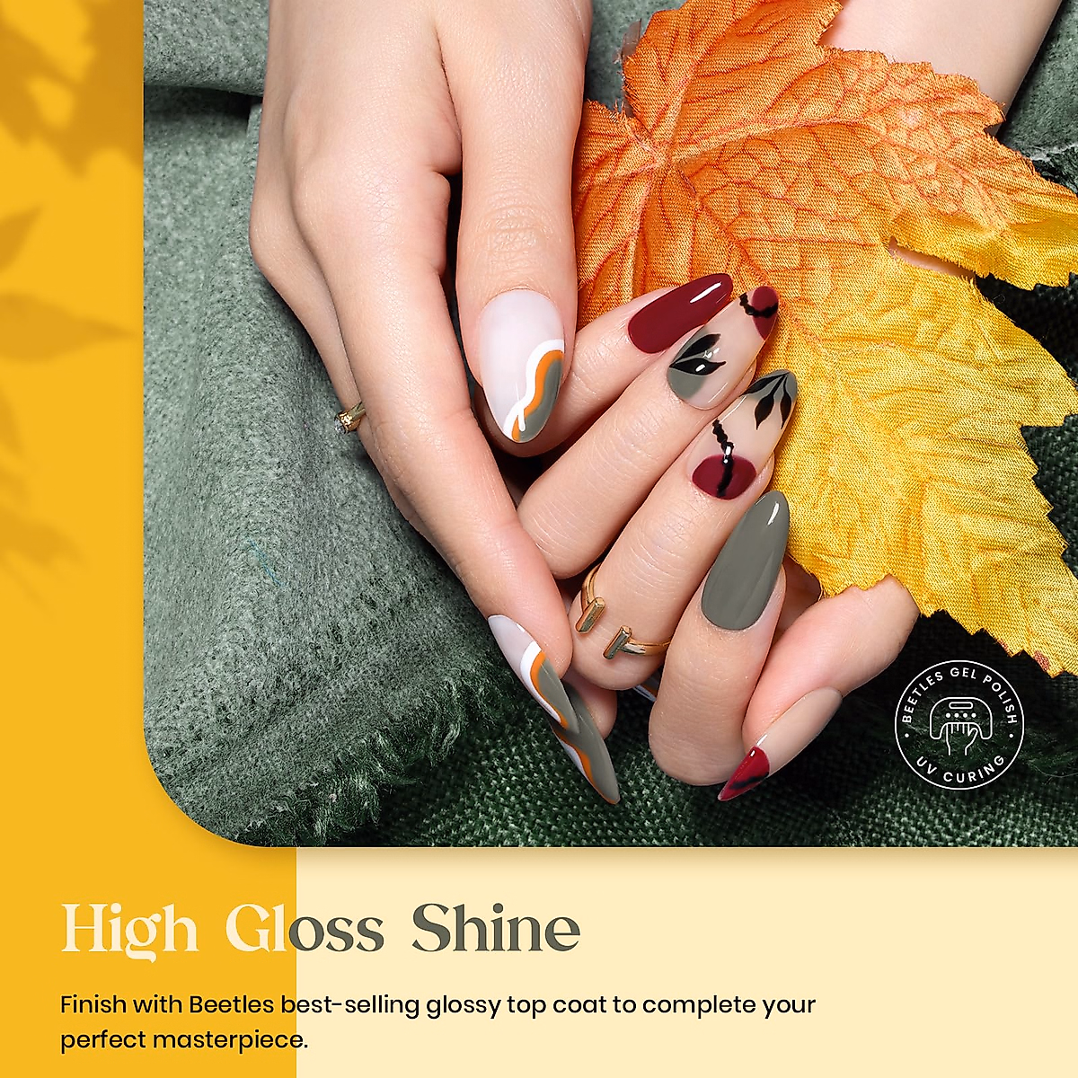 Beetles Gel Nail Polish Set 6Pcs Brown Green Yellow Burgundy Orange Glitter Gel Polish Nails Art Soak off Uv LED Manicure Gift Set Golden Season Collection 2024 Nail Trend Gift for Women