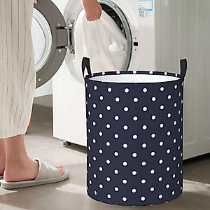 Large Laundry Hamper Bag, Collapsible Laundry Basket Navy Blue Polka Dot Dirty Clothes Storage Washing Bin for Bathroom, Dorm Essentials