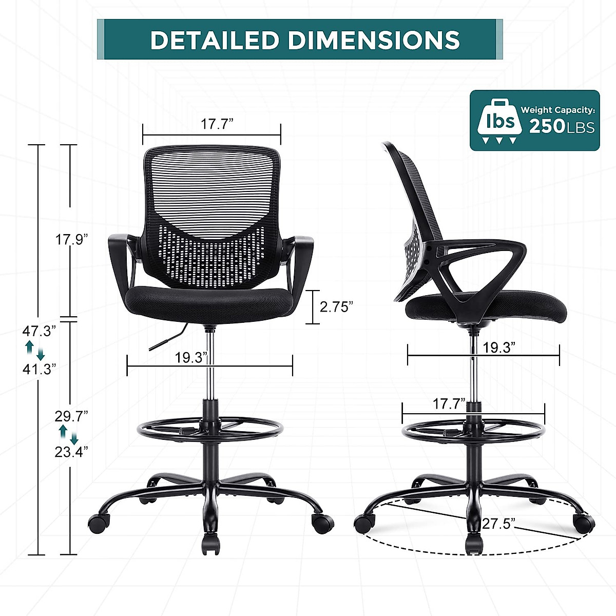 SMUG Drafting Chair Tall Office Chair, Standing Desk Chair Counter Height Office Chairs, Mid Back Mesh Office Drafting Chairs with Armrest, Height Adjustable Foot Ring, Black