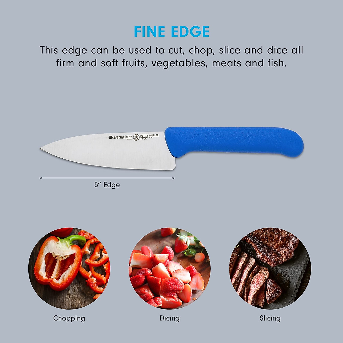 Messermeister Petite Messer 5” Chef’s Knife, Blue - German 1.4116 Stainless Steel & Ergonomic Handle - Lightweight, Rust Resistant & Easy to Maintain