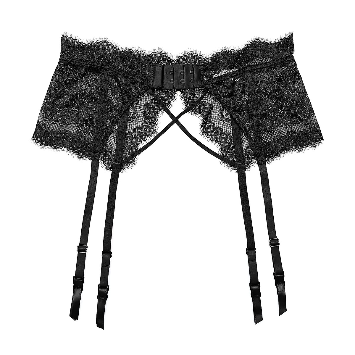 TVRtyle Black Women's Lace Eyelash Metal Clips Sexy Garter Belts for Stockings S515 (Black, Medium)