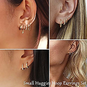 6Pair Small Gold Huggie Hoop Earrings for Women,14K Gold Plated Earring Set, Huggies Earrings, Cartilage Hoop Earring, Trendy Dainty Tiny Cubic Zirconia Beaded Chain Twisted Earrings Packs (Gold Color-A)