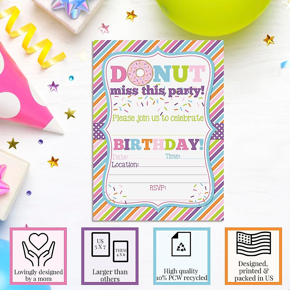 Colorful Donut with Sprinkles Birthday Party Invitations, 20 5x7 Fill In Cards with Twenty White Envelopes by AmandaCreation