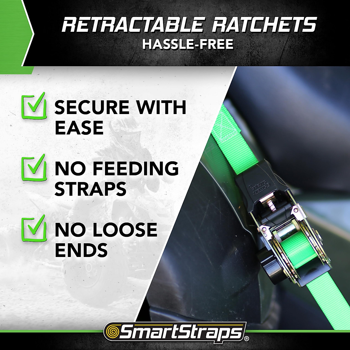 SmartStraps 6â€™ Ratchet Straps, 4 Pack â€” Standard Duty Retractable Tie-Down Straps â€” 1,500lb Break Strength, 500lb Safe Work Load â€” Haul ATVs, Lawn Tractors and Other Small Equipment
