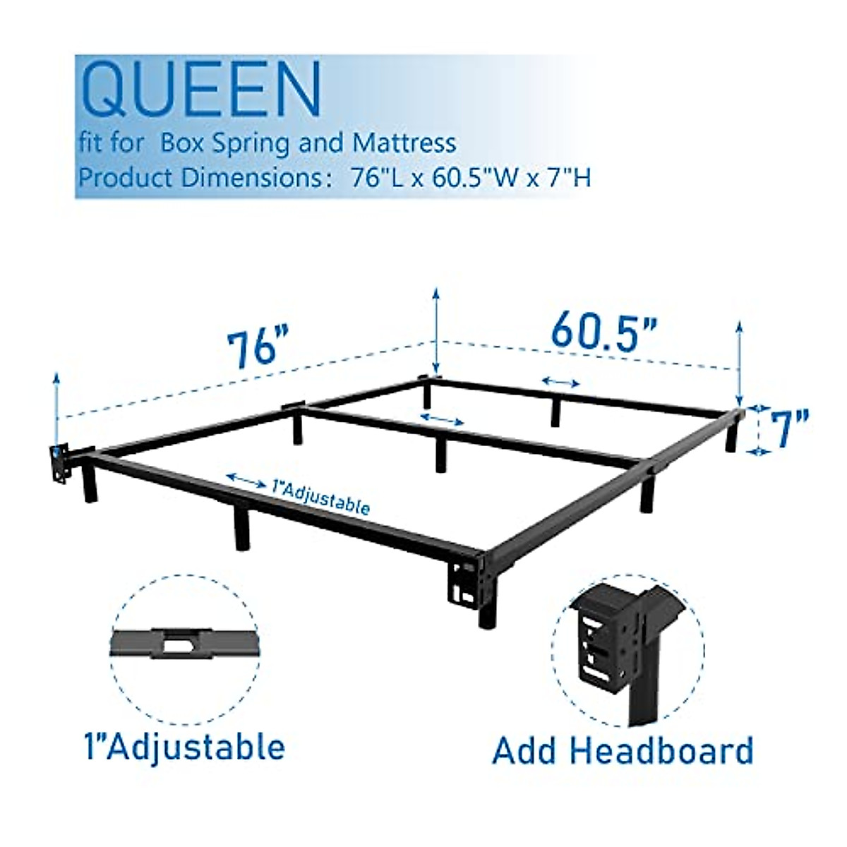 ANBLIZE Queen Size Bed Frame 7 Inch Heavy Duty Meta Bedframe for Box Spring and Mattress Set 9-Leg Weight Support 3000LBS Tool-Free Easy Assembly，Black