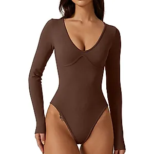 QINSEN Woman's Thick Long Sleeve Slimming Fit One Piece Bodysuit for Fall Winter Brown M