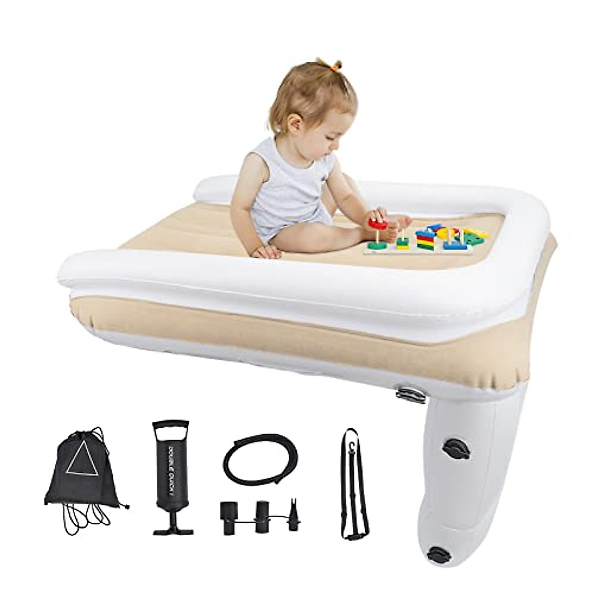 Toddler Airplane Bed, FTOYIN 3 in 1 Air Valve Toddler Travel Bed with Seat Belt & U-Shaped Fence, Inflatable Foot Rest for Air Travel Cars Trains Airplane Travel Essentials kids Free Inflatable Bucket