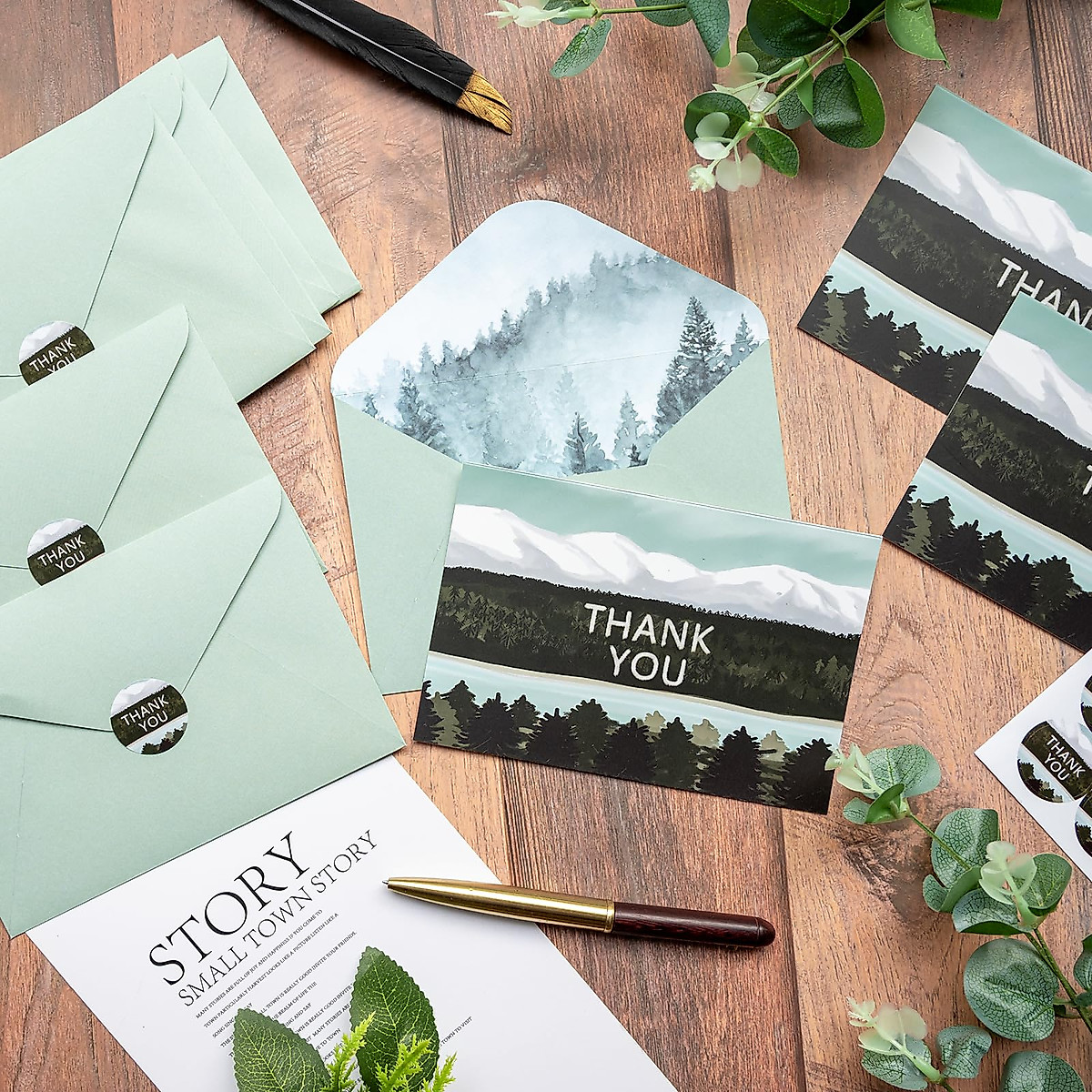 Vnaaem 25 Pack Watercolor Forest Thank You Cards with Envelope Stickers - Mountains Landscape Greeting Cards - Thank You Notes for Wedding, Anniversary, Business, Bridal, Baby Shower, Graduation(4x6)