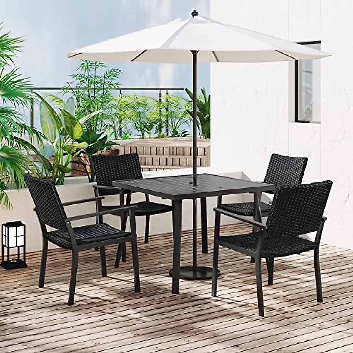 Outdoor Patio Dinning Set, PE Wicker 5-Piece Dining Table Set with Umbrella Hole and 4 Dining Chairs for Garden, Deck (Black Wicker+Black Frame)