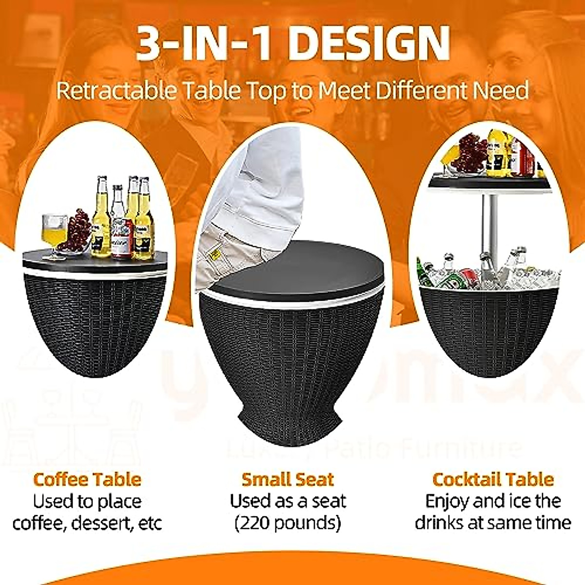 yoyomax Outdoor Cool Bar Table, 8 Gallon Beer and Wine Cooler Table, Patio Furniture & Hot Tub Side Table, Beverage Cooler, Rattan Style Patio, Cocktail Bar for Patio Pool Party-Black