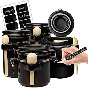 Home Intuition 4-Piece Ceramic Kitchen Canisters Set, Airtight Containers with Wooden Spoons Reusable Chalk Labels and Marker for Sugar, Coffee, Flour, Tea (Black)