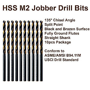 MAXTOOL 1/16" 10pcs Identical Jobber Length Drills HSS M2 Twist Drill Bits Fully Ground Black & Bronze Straight Shank Drills; JBF02H10R04P10