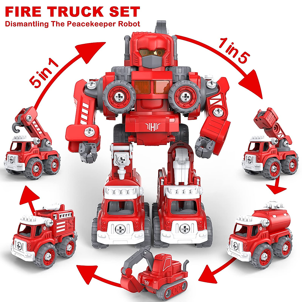 TOYABI Toys for 4-8 Year Olds 5-in-1 Fire Truck Transforming Robot Set - Take Apart Robot Firetruck STEM Toy for Boys and Girls - Ideal Christmas or Birthday Gift for Kids Ages 4 and Up