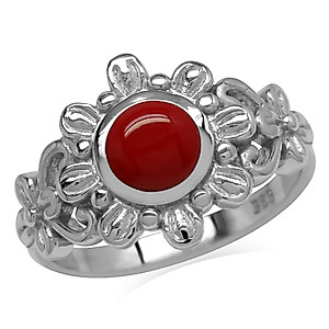 Silvershake 6mm Created Round Shape Red Coral 925 Sterling Silver Flower Solitaire Ring Size 8