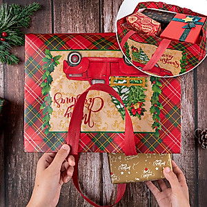 Whaline 12Pcs Christmas Plaid Large Tote Bags with Handles Reusable Red Grocery Shopping Bag Non-Woven Bags Black Green Lattice Gift Bag Truck Wreath Waterproof Party Treat Goodie Bag for Favors