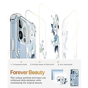 GVIEWIN for iPhone 13 Pro Case with Screen Protector & Camera Lens Protector, [10FT Military Grade Drop Protection] Clear Shockproof Slim Fit Floral Phone Case for Women Girls (Rosa Chinensis/Blue)