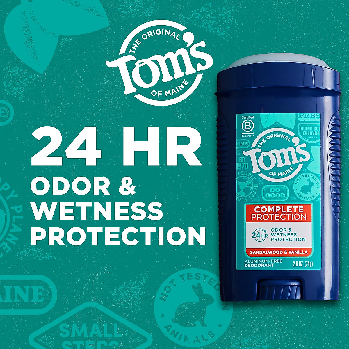 Tom's of Maine Complete Protection Aluminum-Free Natural Deodorant for Men, Sandalwood & Vanilla, 2.6 oz