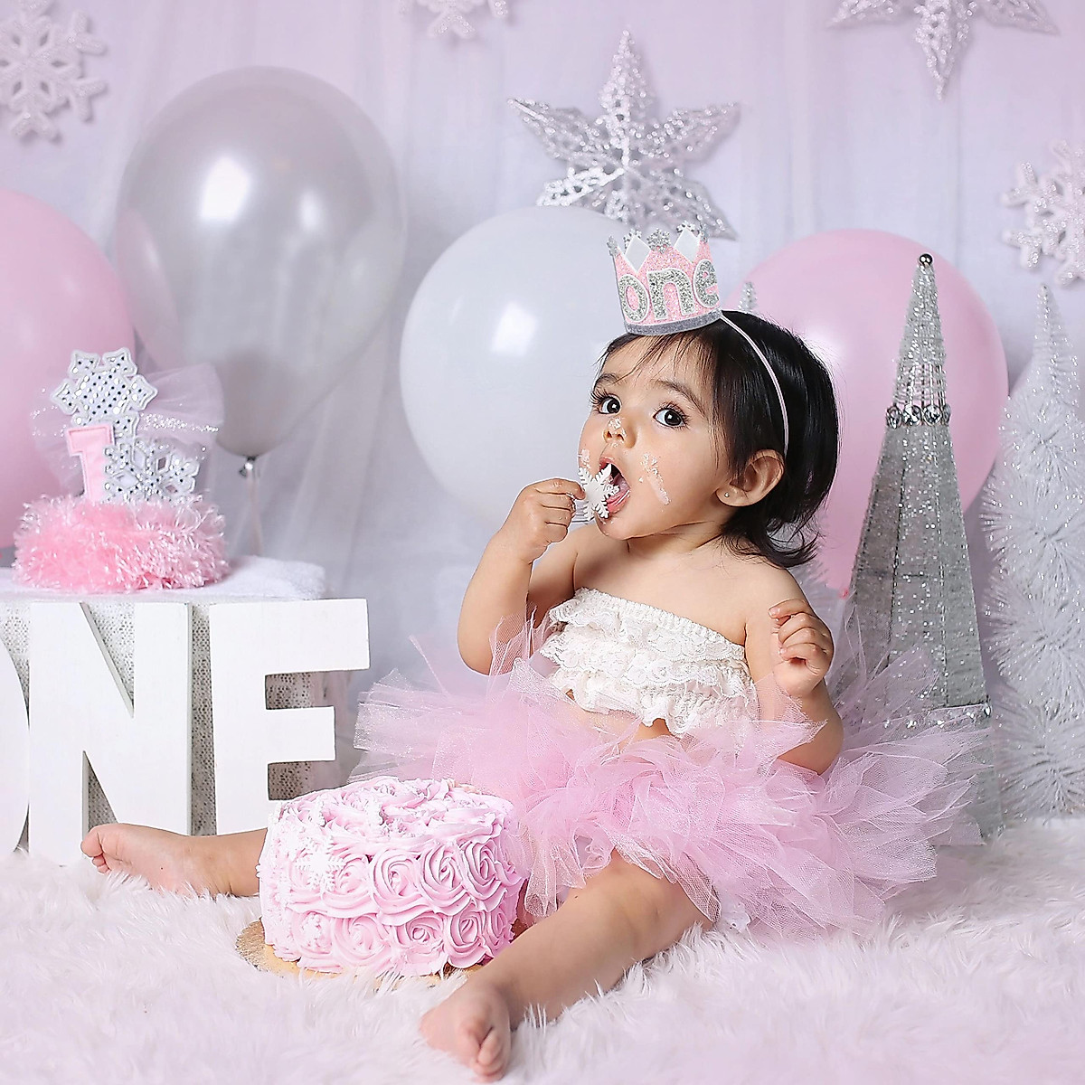 Agkvw Winter Onederland Crown - Snowflake Glitter Hat for Baby Girl's 1st Birthday, Pink and Silver Decorations