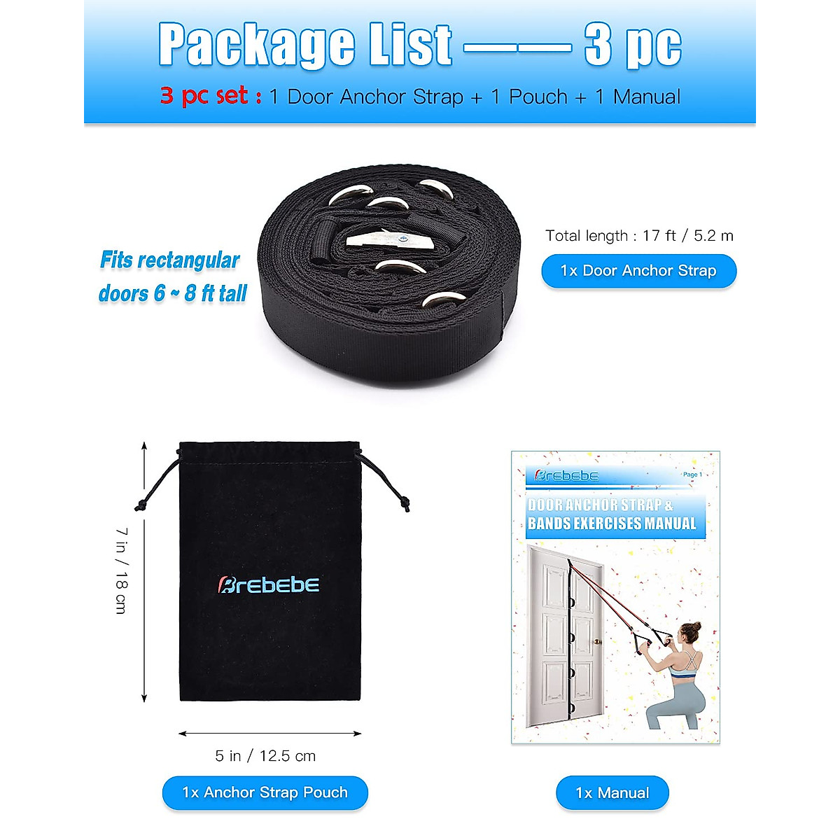 Brebebe Door Anchor Strap for Resistance Bands Exercises, Multi Point Anchor Gym Attachment for Home Fitness, Portable Door Band Resistance Workout Equipment, Easy to Install, Punch-Free, Nail-Free