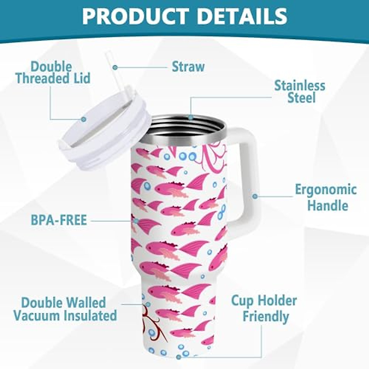 DIGTIA Stainless Steel Insulated Tumbler w/Handle & Straw, Fish Bright Double Wall Vacuum Travel Coffee Mug Cup w/Lid, Leak-Proof Sports Sea Life Water Bottle,30oz