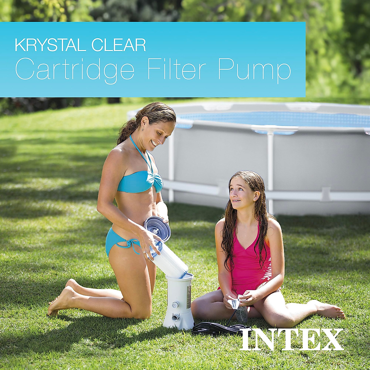Intex 2500 Gallons Per Hour Above Ground Swimming Pool Cartridge Filter Pump System with a Pair of 59 Inch Long Pool Pump Accessory Hoses, Aqua
